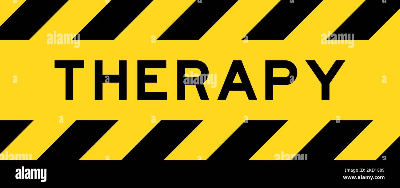 Yellow and black color with line striped label banner with word therapy ...