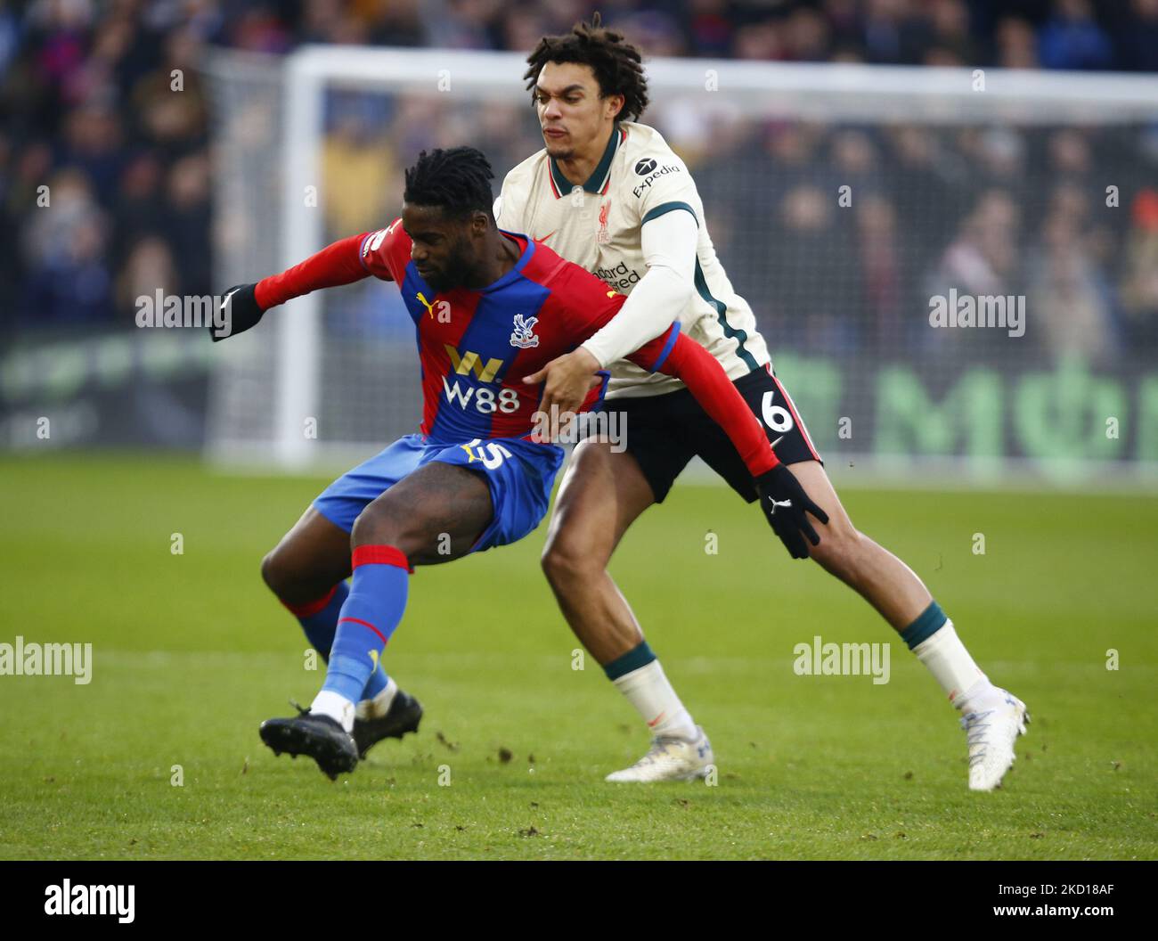 L-R Crystal Palace's Jeffrey Schlupp and Liverpool's Trent Alexander ...