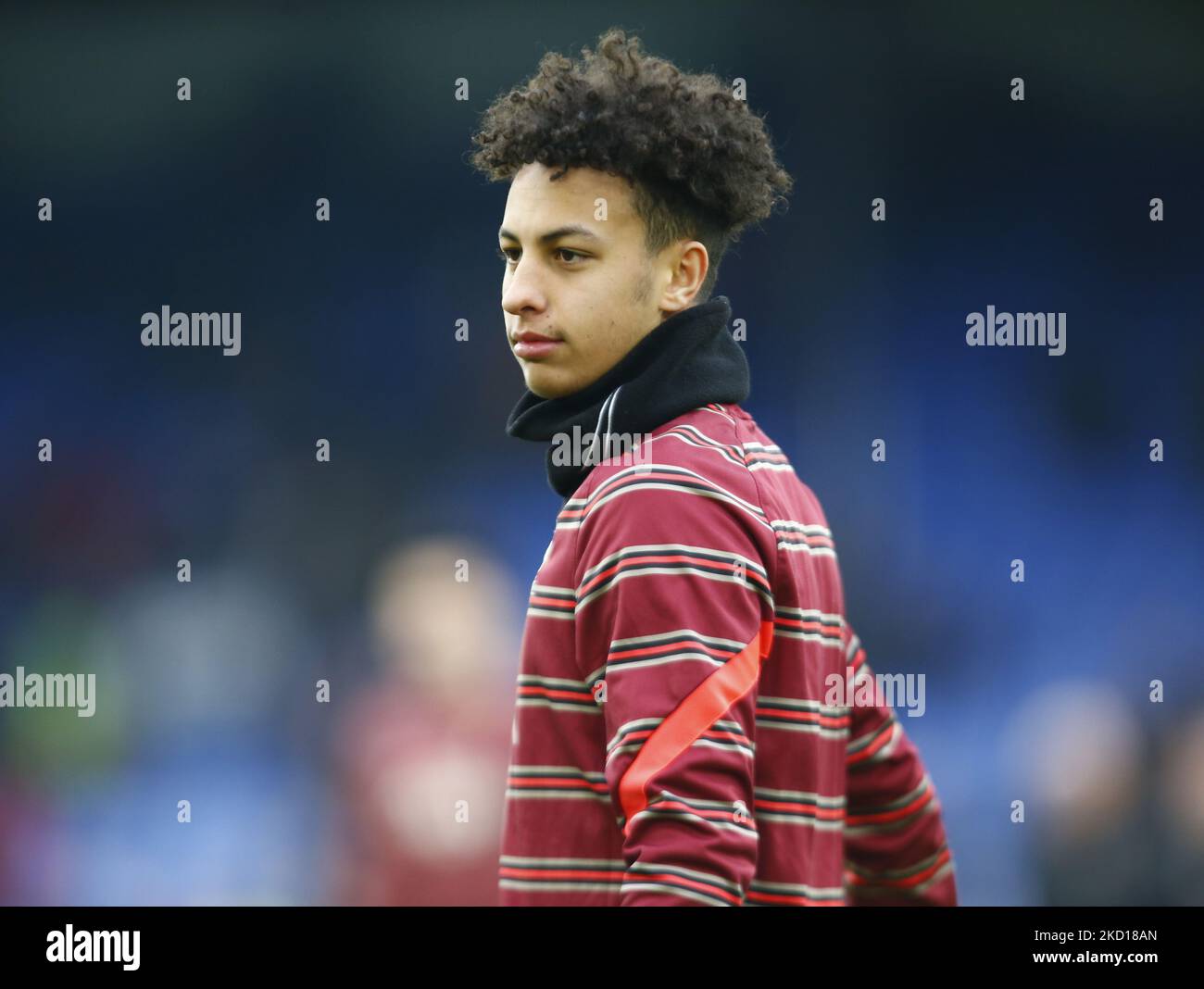 Liverpool's Kaide Gordon during the pre-match warm-up during Premier ...