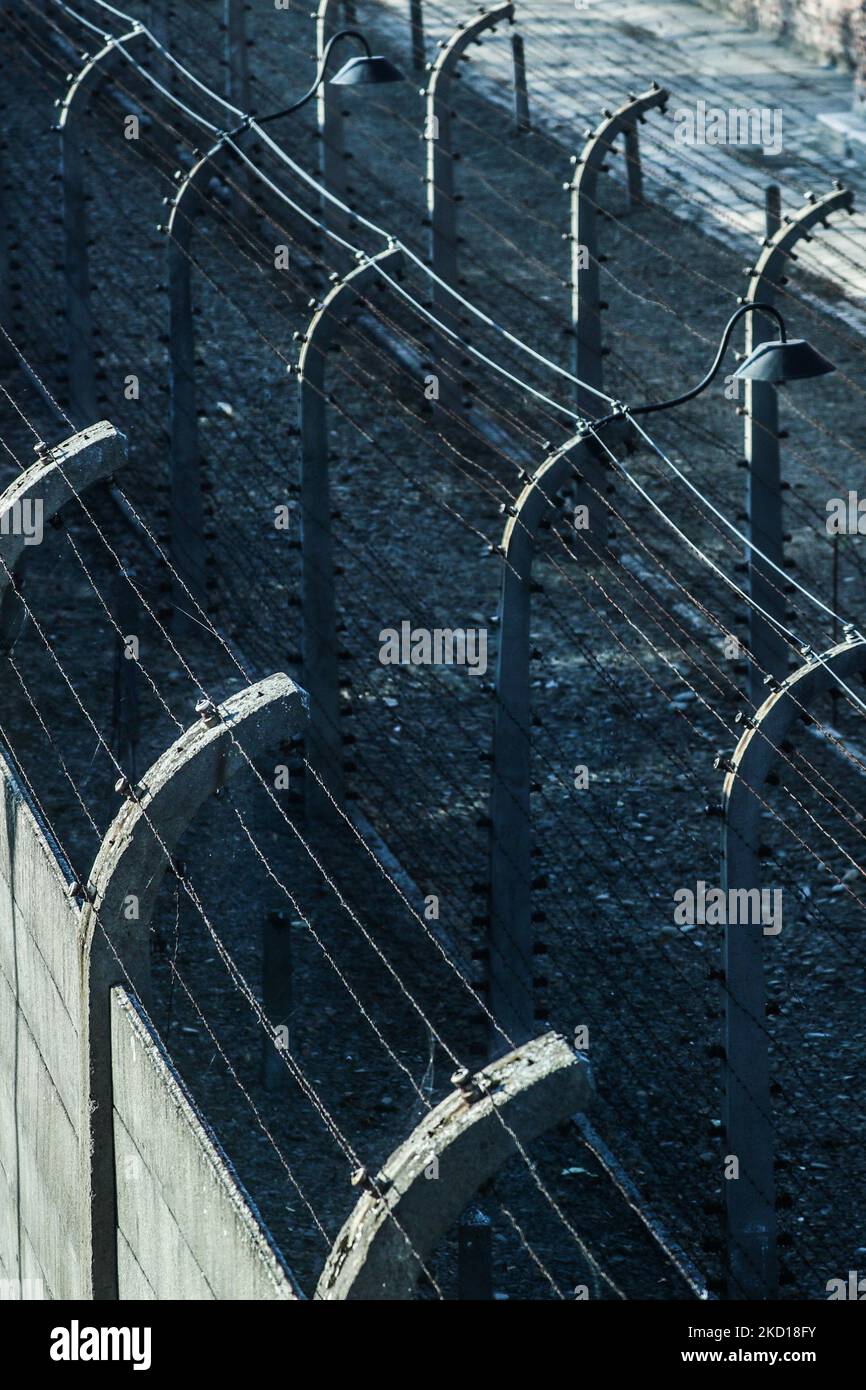 Barb wired fences at the former Nazi German Auschwitz I concentration ...