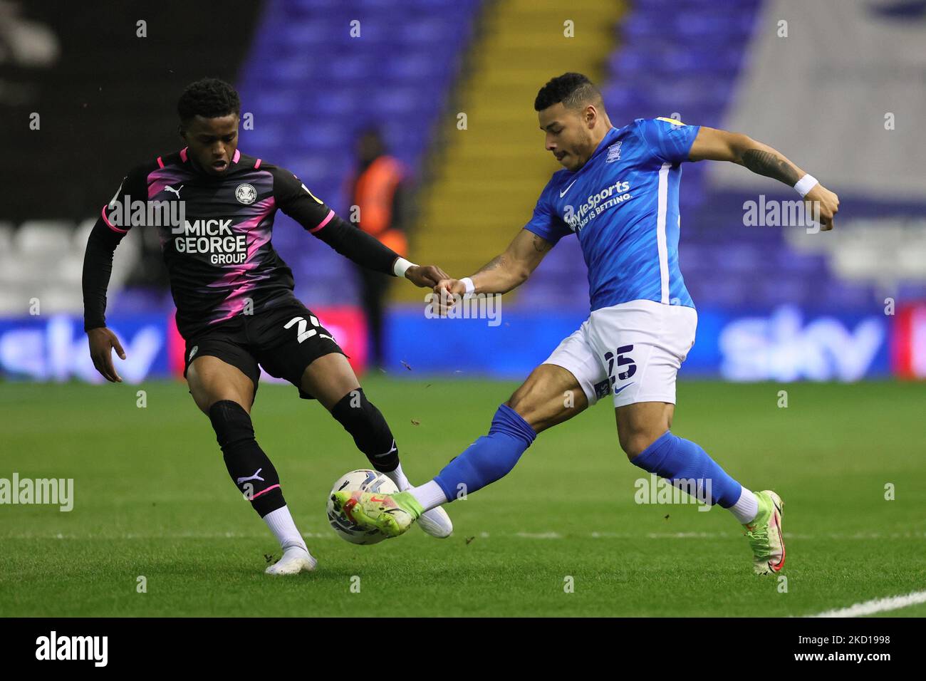 Onel Hernandez of Birmingham City challenges Bali Mumba of Peterborough ...