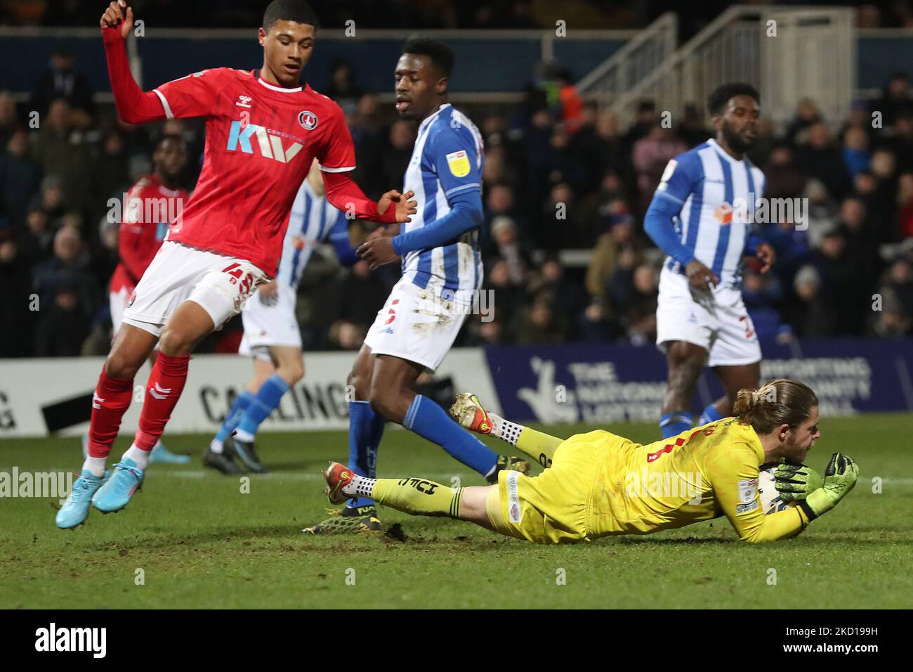 Ben Killip of Hartlepool United saves at the feet of Charlton Athletic ...