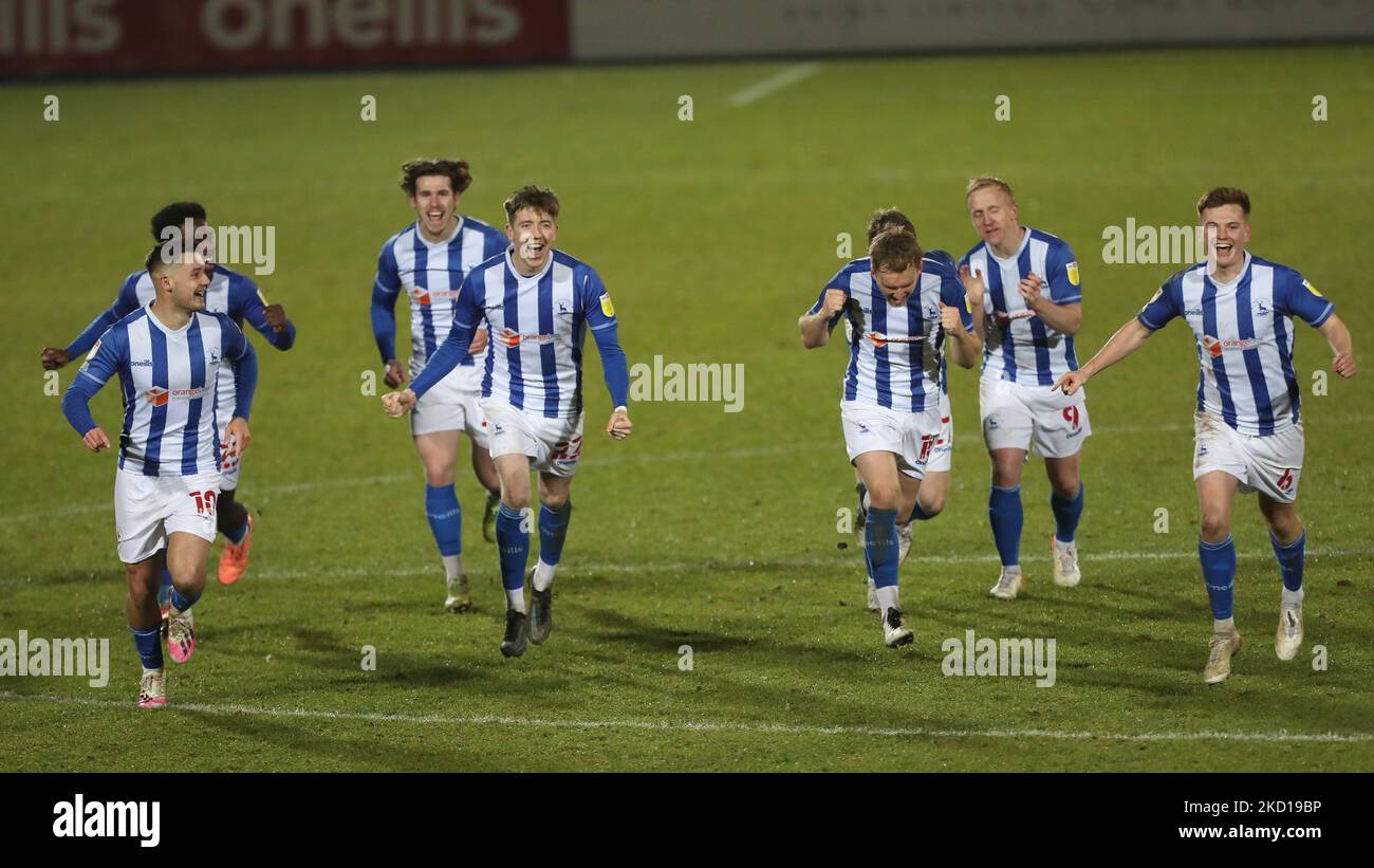 Hartlepool United celebrate after winning on penalties during the EFL ...