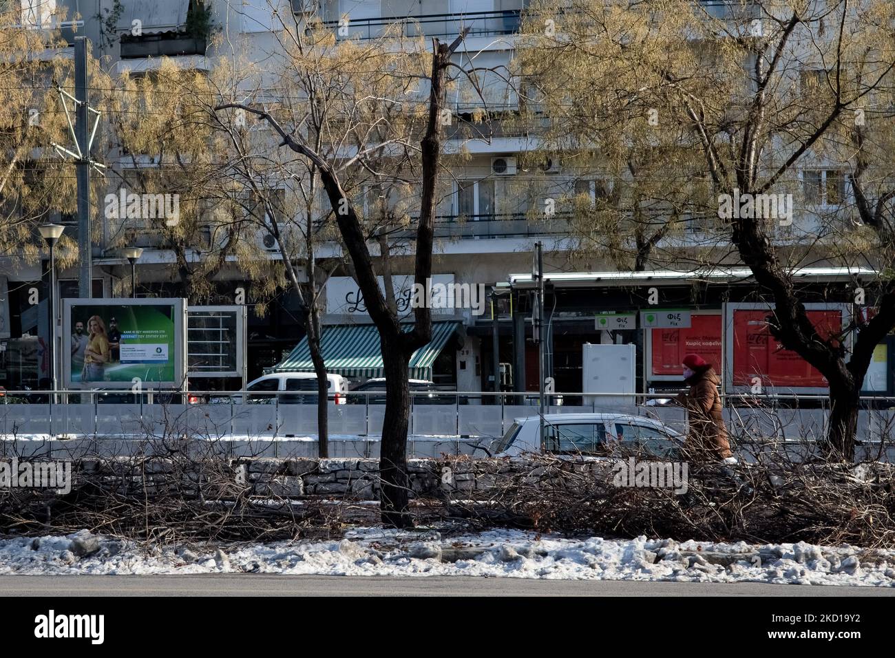 Broken trees after the snowfall in the center of Athens, Greece on ...