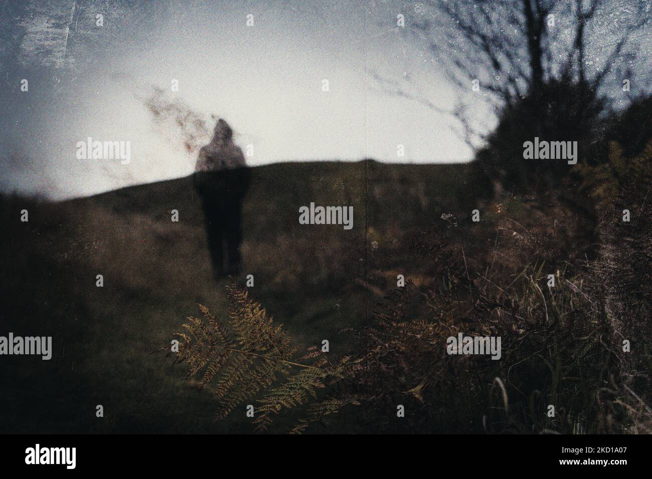 A ghostly figure vanishing om a creepy evening in the countryside Stock ...