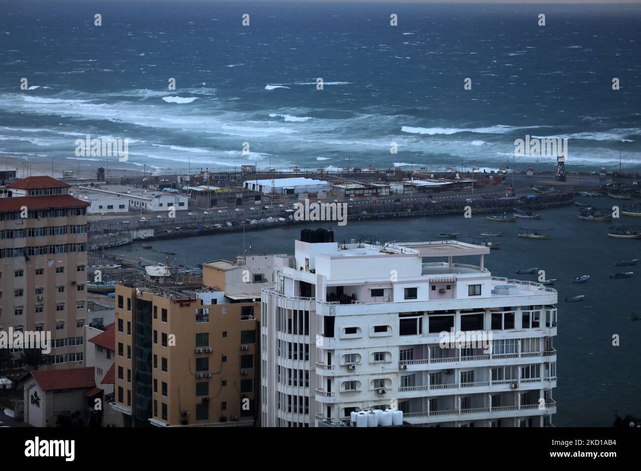A general view shows the port in Gaza City during rainy and cold ...