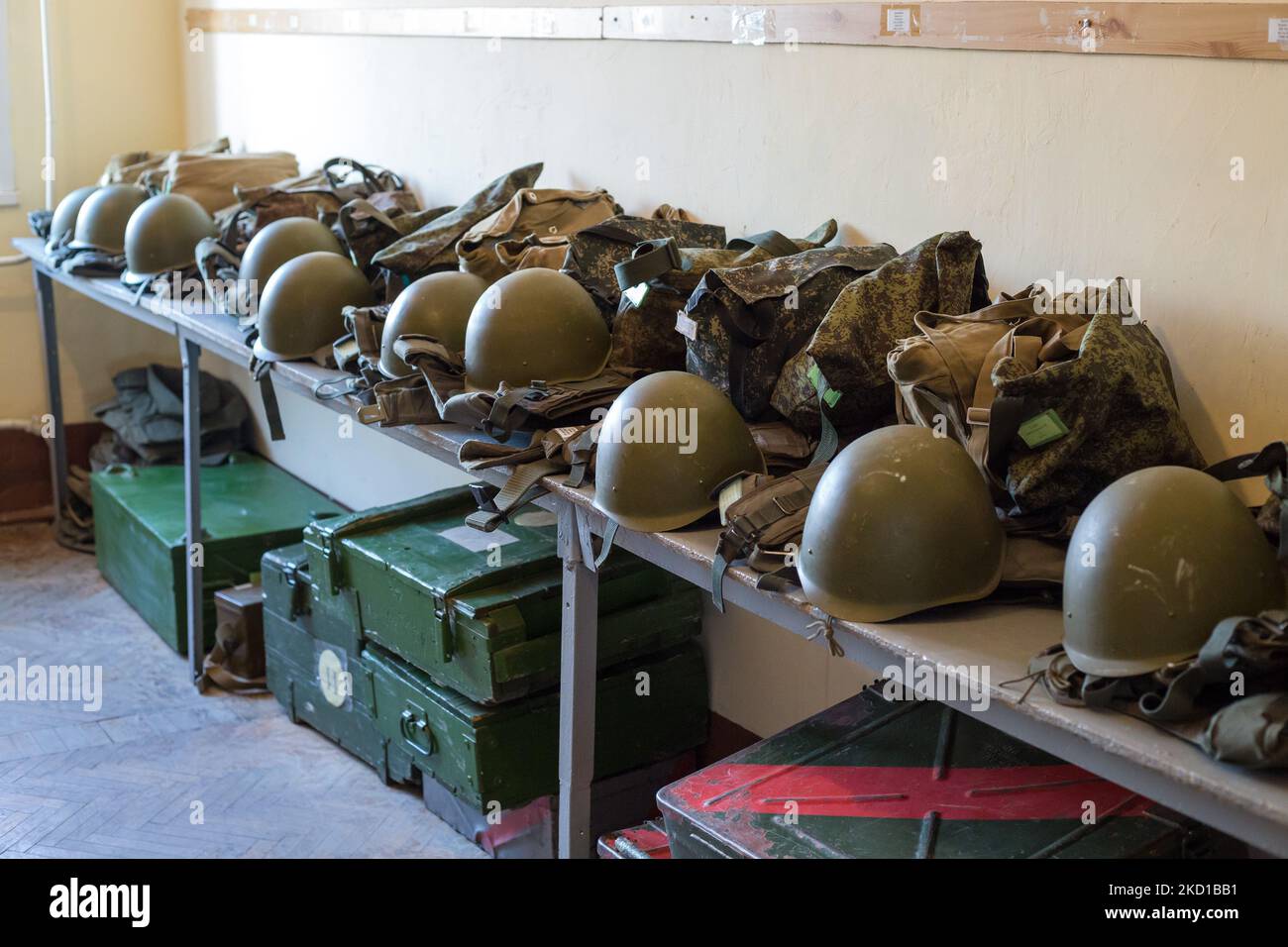 Helmet and combat kit in a bag for each soldier in the warehouse Stock ...