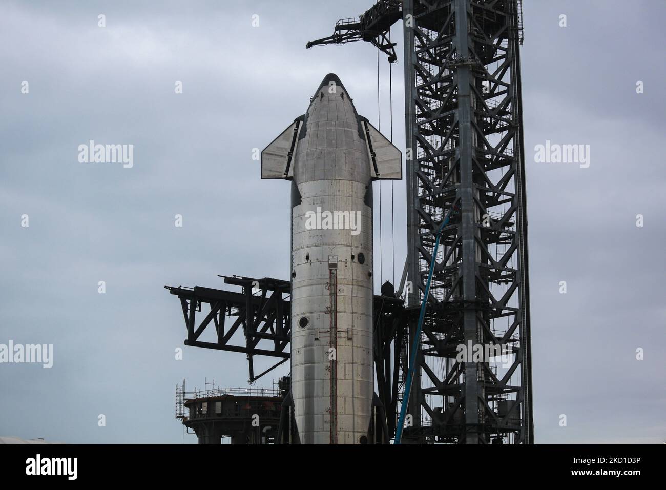 Starship 20 is seen sitting next to the orbital launch tower on January ...