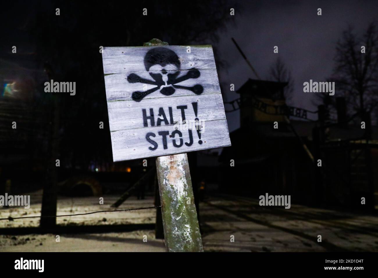 'Halt!' sign at the former Nazi German Auschwitz I concentration camp ...