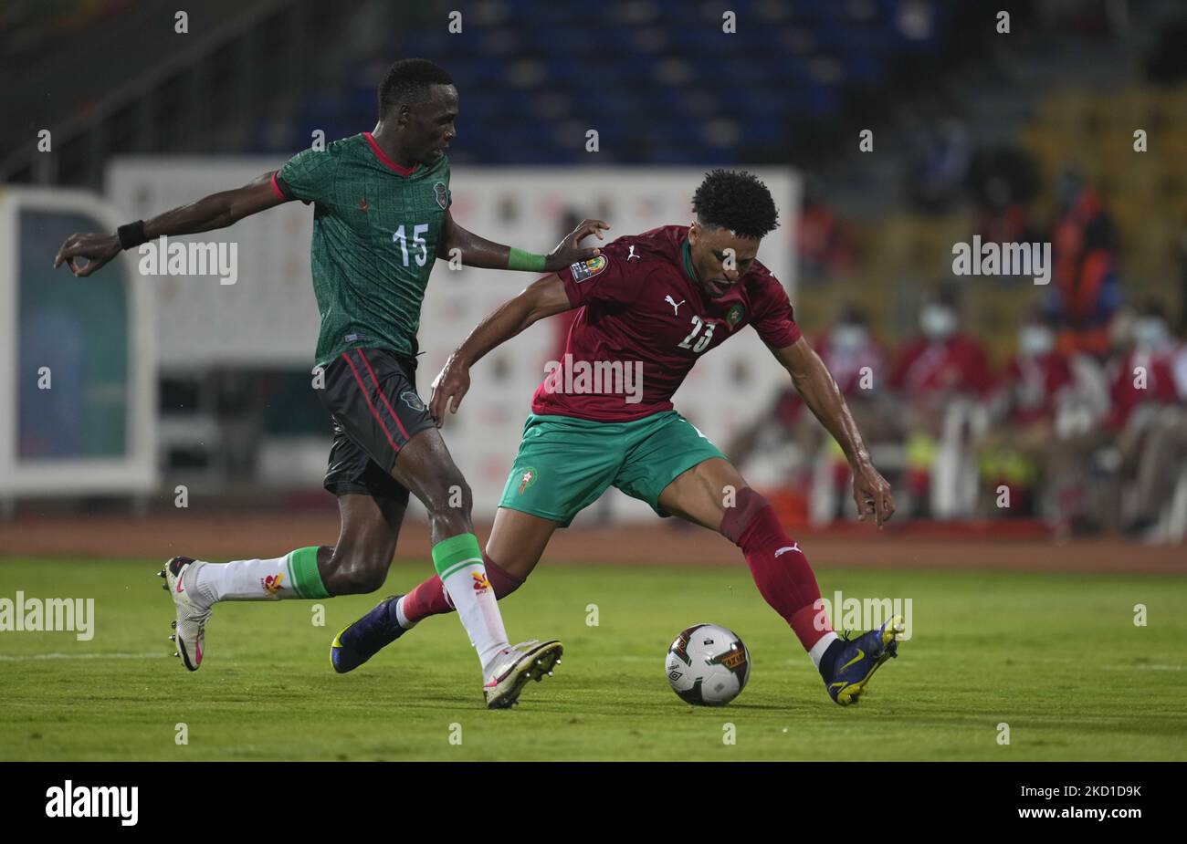 Ryan Mmaee of Morocco and Lawrence Chaziya of Malawi during Morocco ...