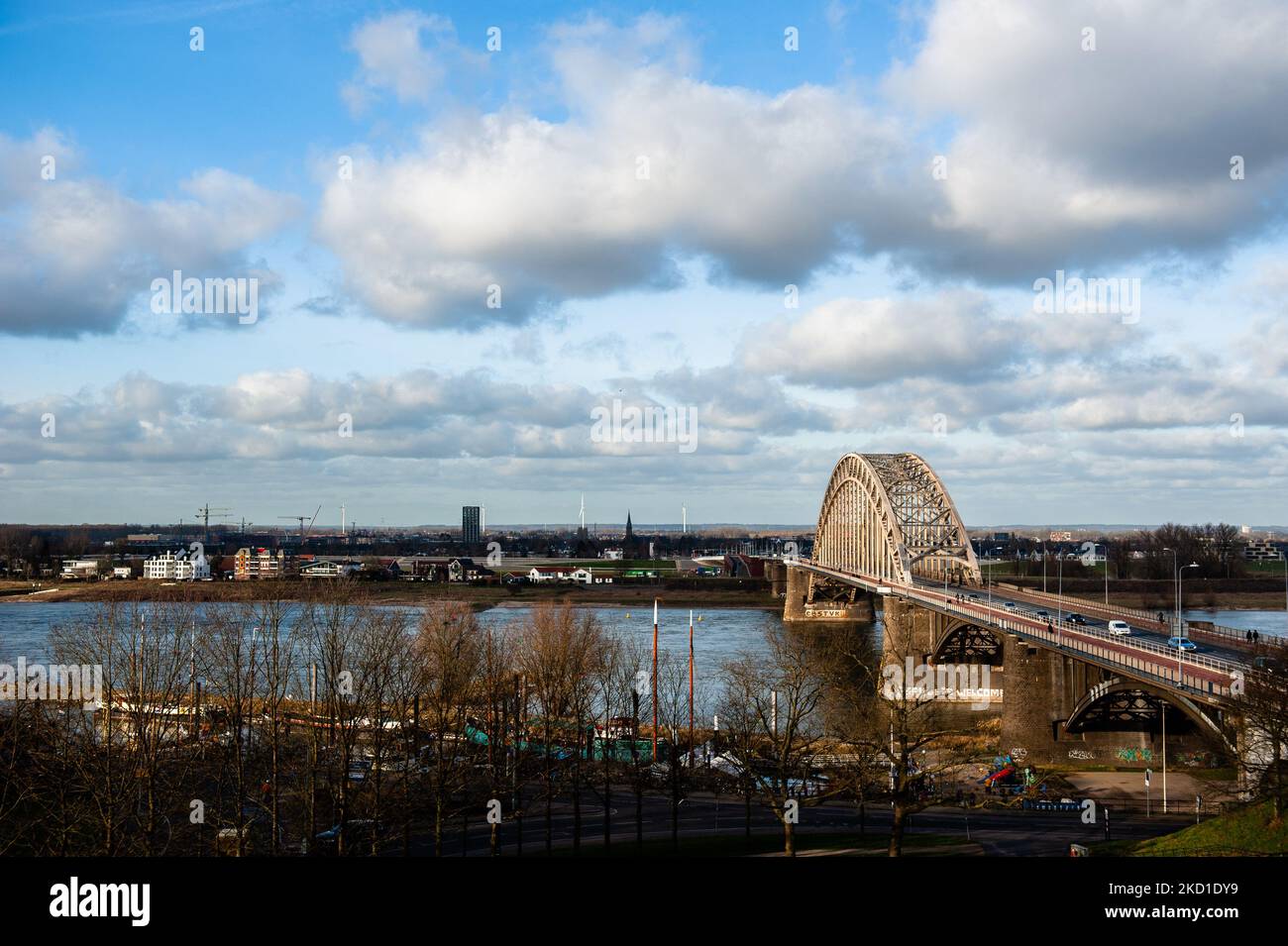 A view of the Waal bridge crossing the Waal river, in the Dutch city of ...