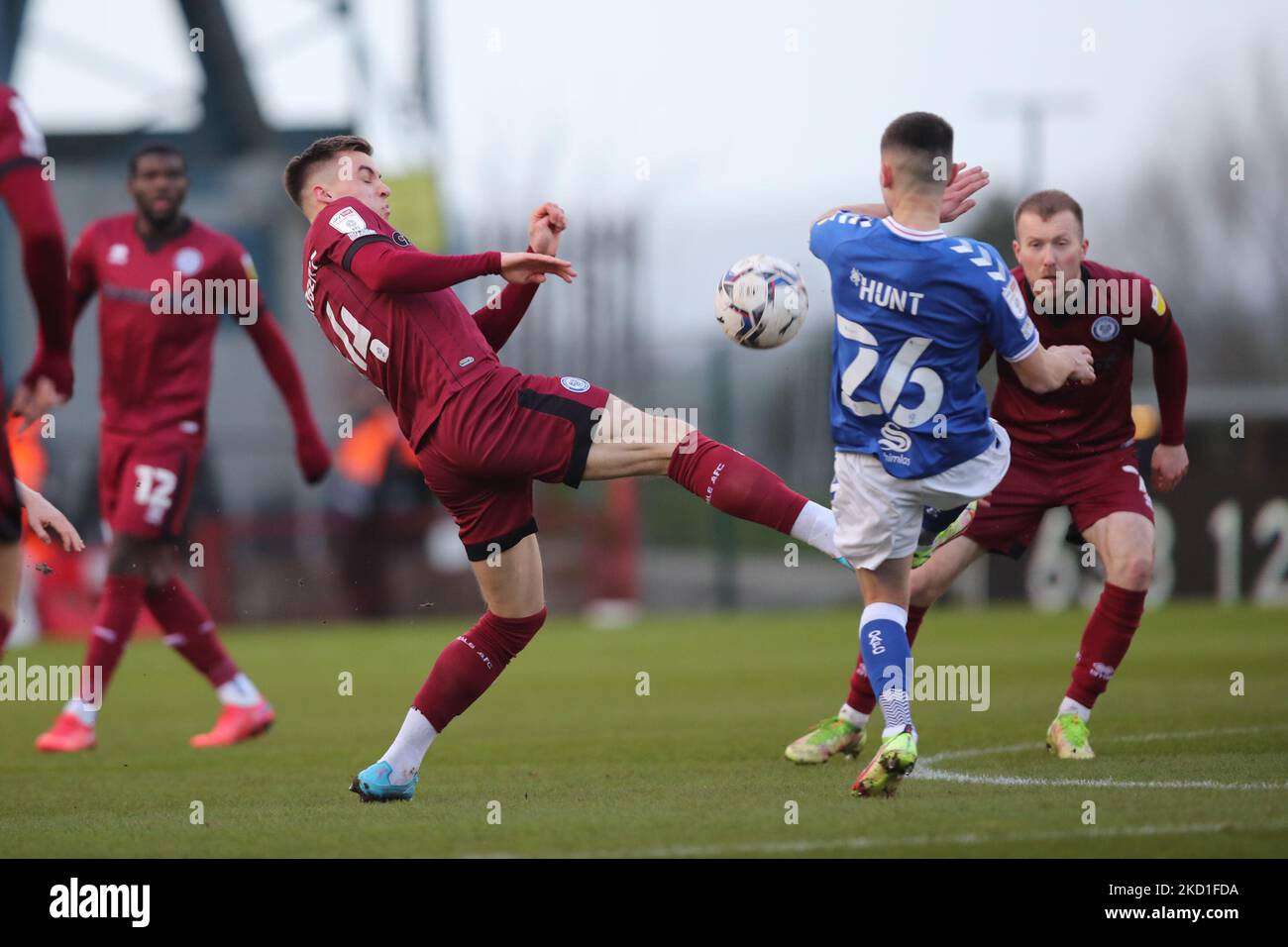 George Broadbent of Rochdale leaves his foot in during the Sky Bet ...
