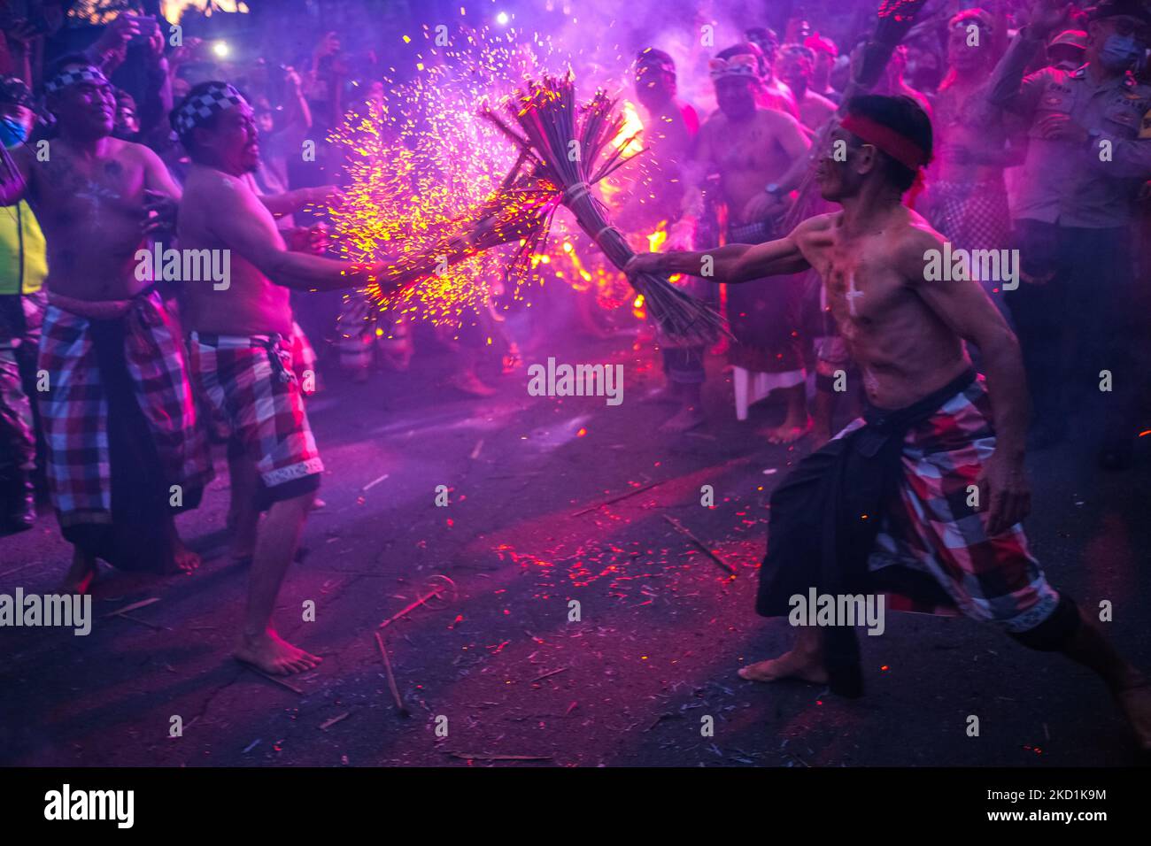 The indigenous people of Duda village, Bali, Indonesia held a fire war ...