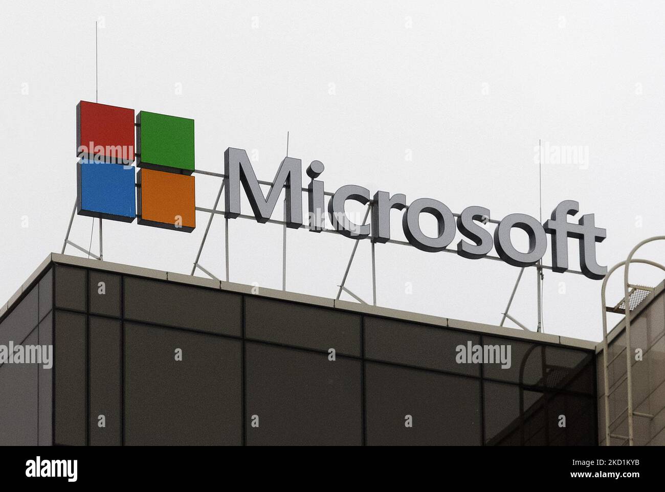 Microsoft Corporation logo is seen on a top of a building in Kyiv, Ukraine, 31 January 2022 ...