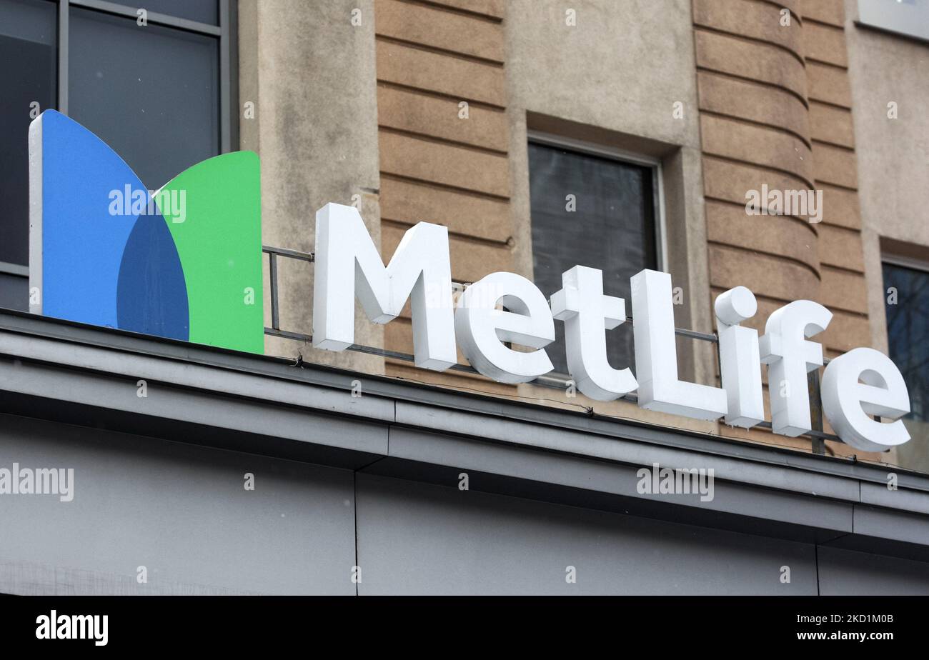 MetLife logo of a life insurance company is seen on a top of a building ...