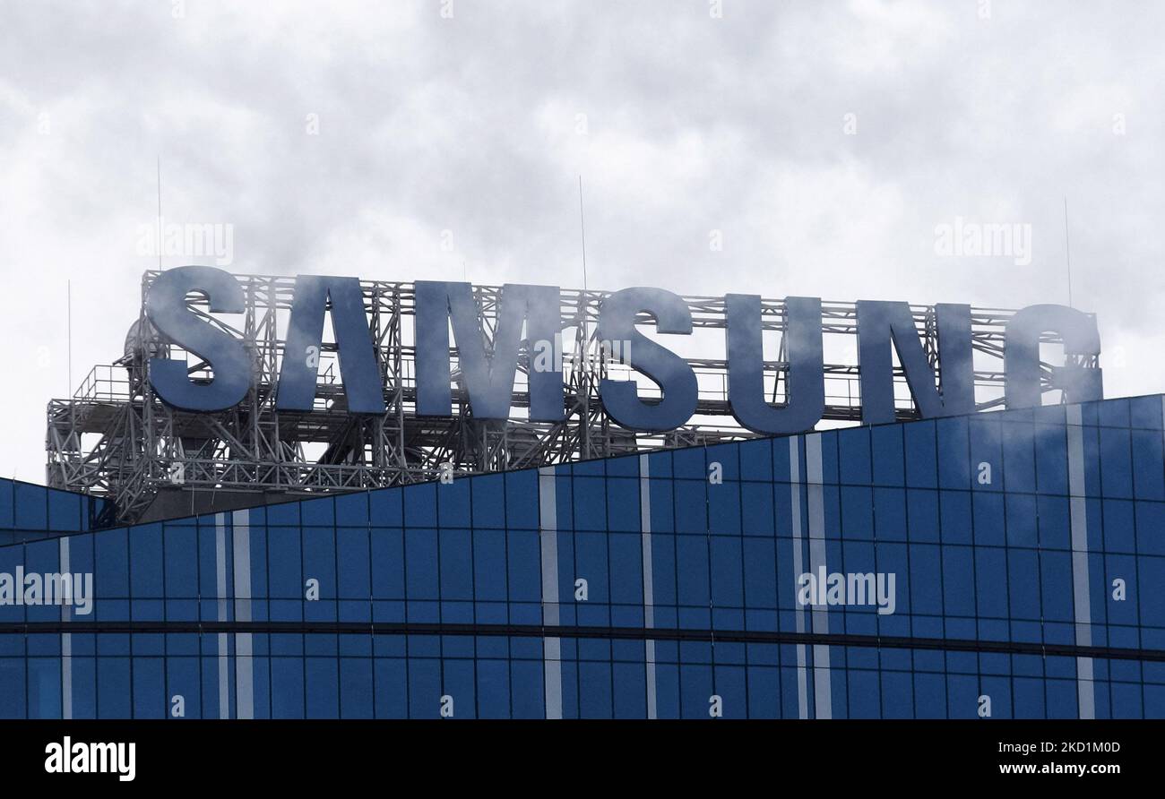 Samsung logo is seen on a top of a building in Kyiv, Ukraine, 31 ...