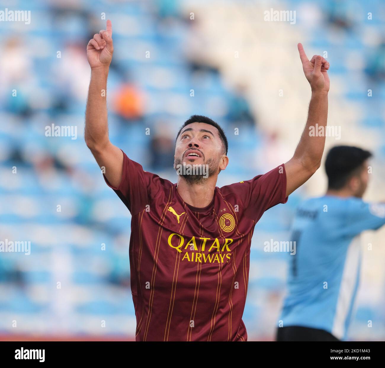 Rodrigo Tabata (12) of Al Sadd celebrates his goal during the QNB Stars ...