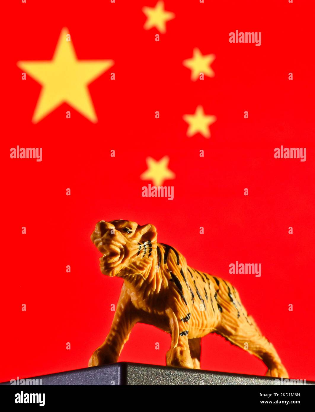Illustration of a tiger in front of the Chinese national flag. Chinese ...