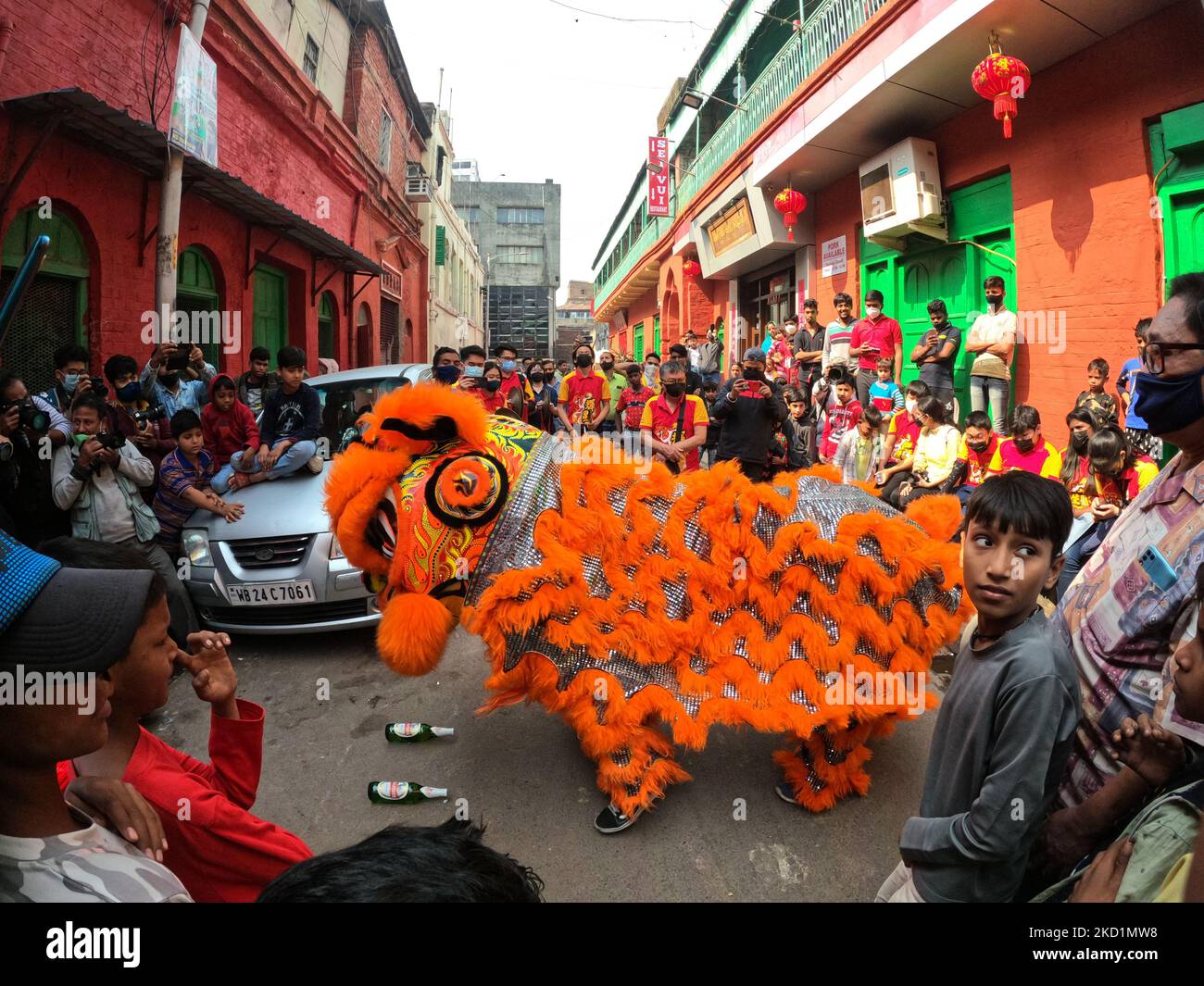 Members of the Chinese community perform a lion dance as they welcome ...