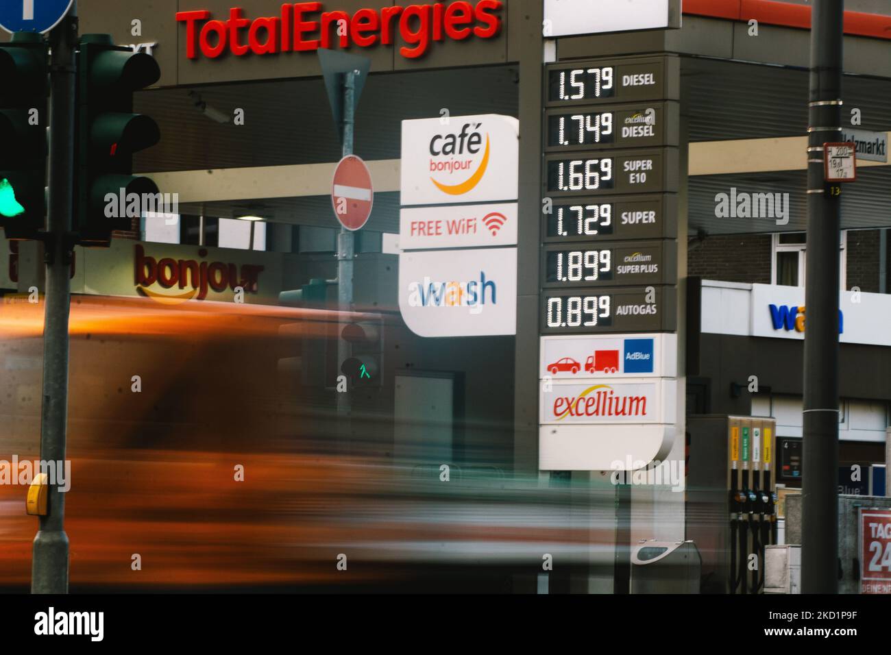 Fuel prices are seen listed on a sign of a Total Energies gas station ...