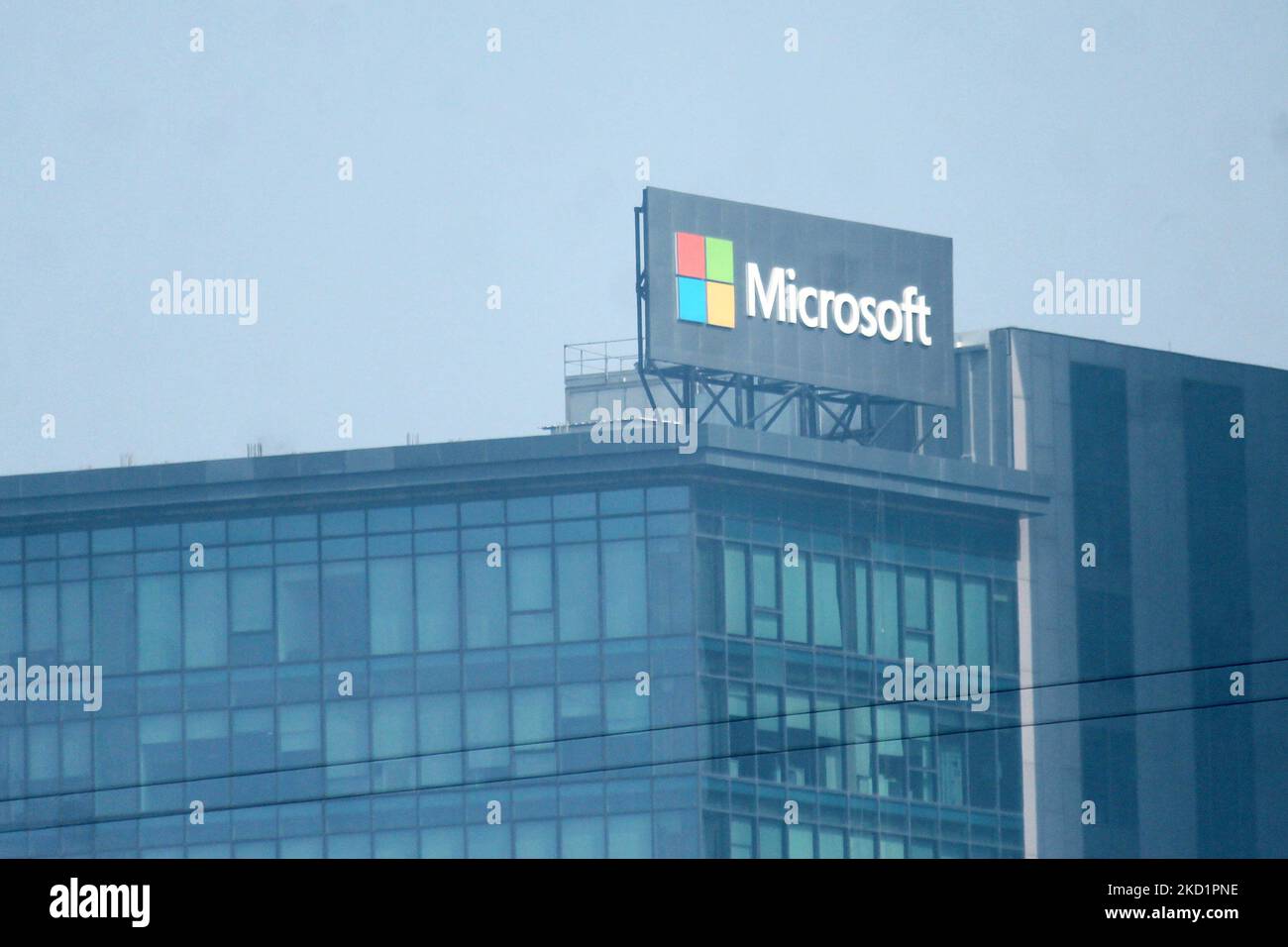 A Microsoft logo adorns over the roof of India Development Center (IDC ...