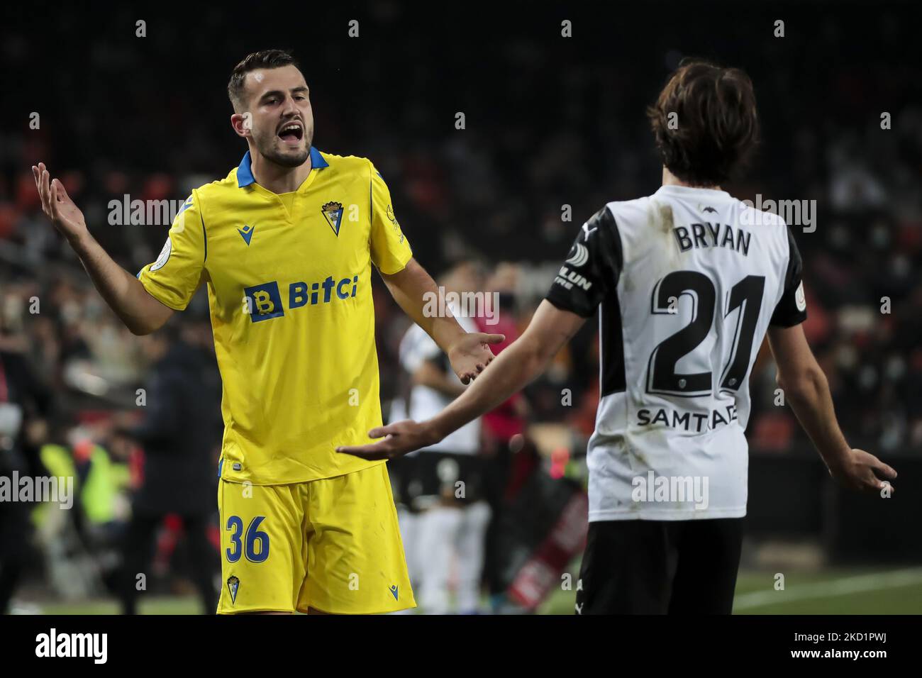 Raul Parra (L) and Bryan Gil of Valencia CF during spanish King Cup ...