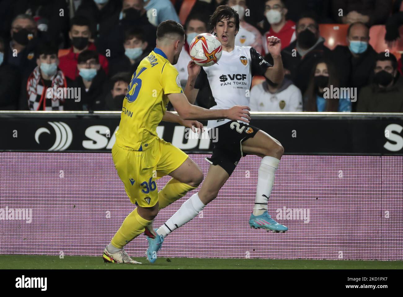 Raul Parra (L) and Bryan Gil of Valencia CF (R) during spanish King Cup ...