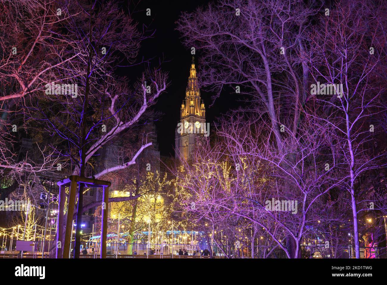 Bright holiday illumination on the Rathausplatz square near Vienna City ...