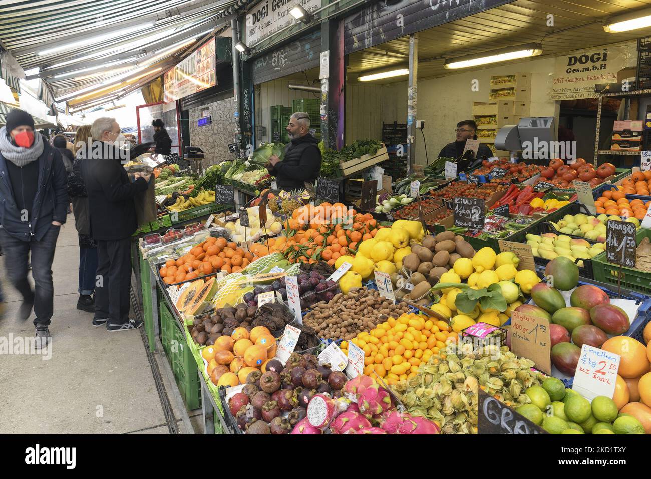 Showcases with food products on the Naschmarkt, most popular market in ...