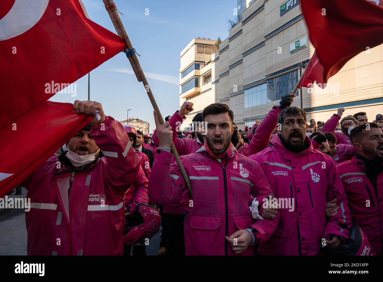 Yemek Sepeti couriers seen during a demonstration in front of the company headquarters in ...