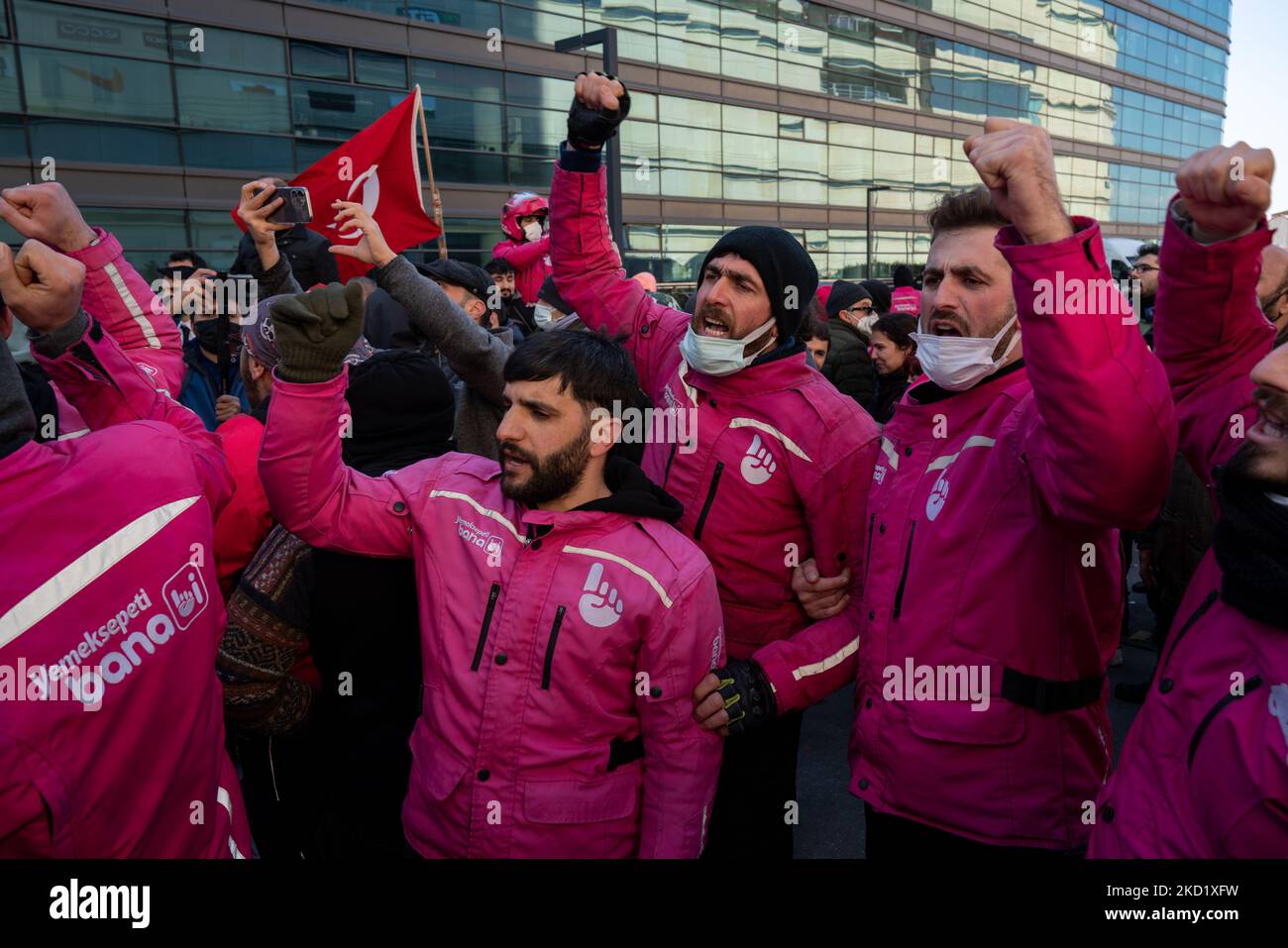 Yemek Sepeti couriers seen during a demonstration in front of the company headquarters in ...