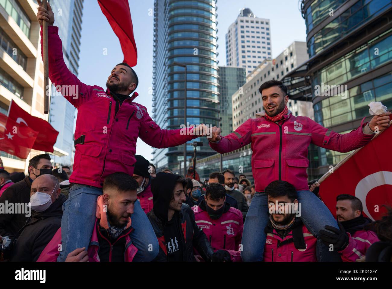 Yemek Sepeti couriers seen during a demonstration in front of the company headquarters in ...