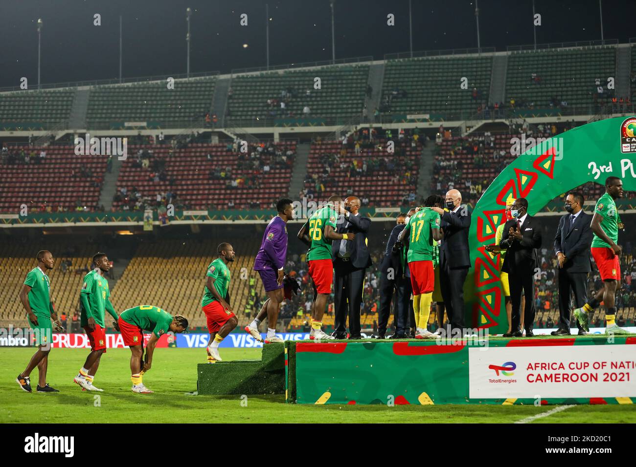FIFA President Gianni Infantino gives Cameroon team the bronze medal on ...