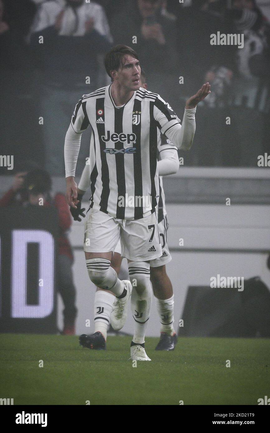 Juventus forward Dusan Vlahovic (7) celebrates after scoring his goal ...