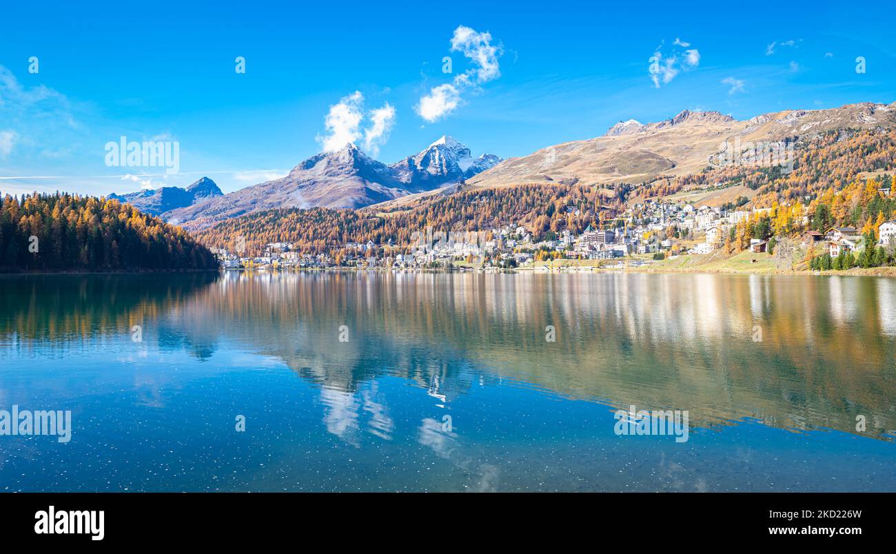Scenic panorama of lake and town of Saint Moritz on a sunny day in late ...