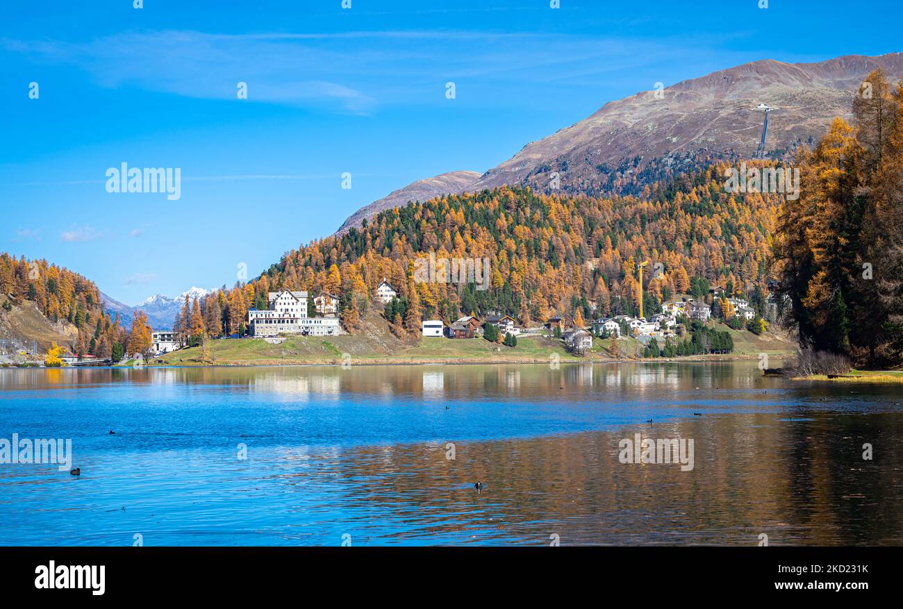 Scenic autumn view of Lake St. Moritz, Switzerland with famous hotel ...