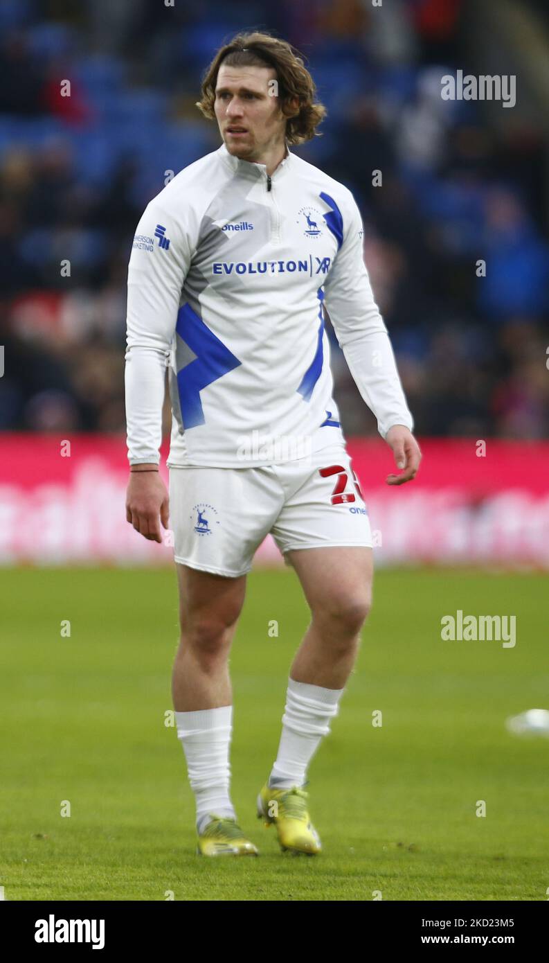 Reagan Ogle of Hartlepool United during the pre-match warm-up during FA ...