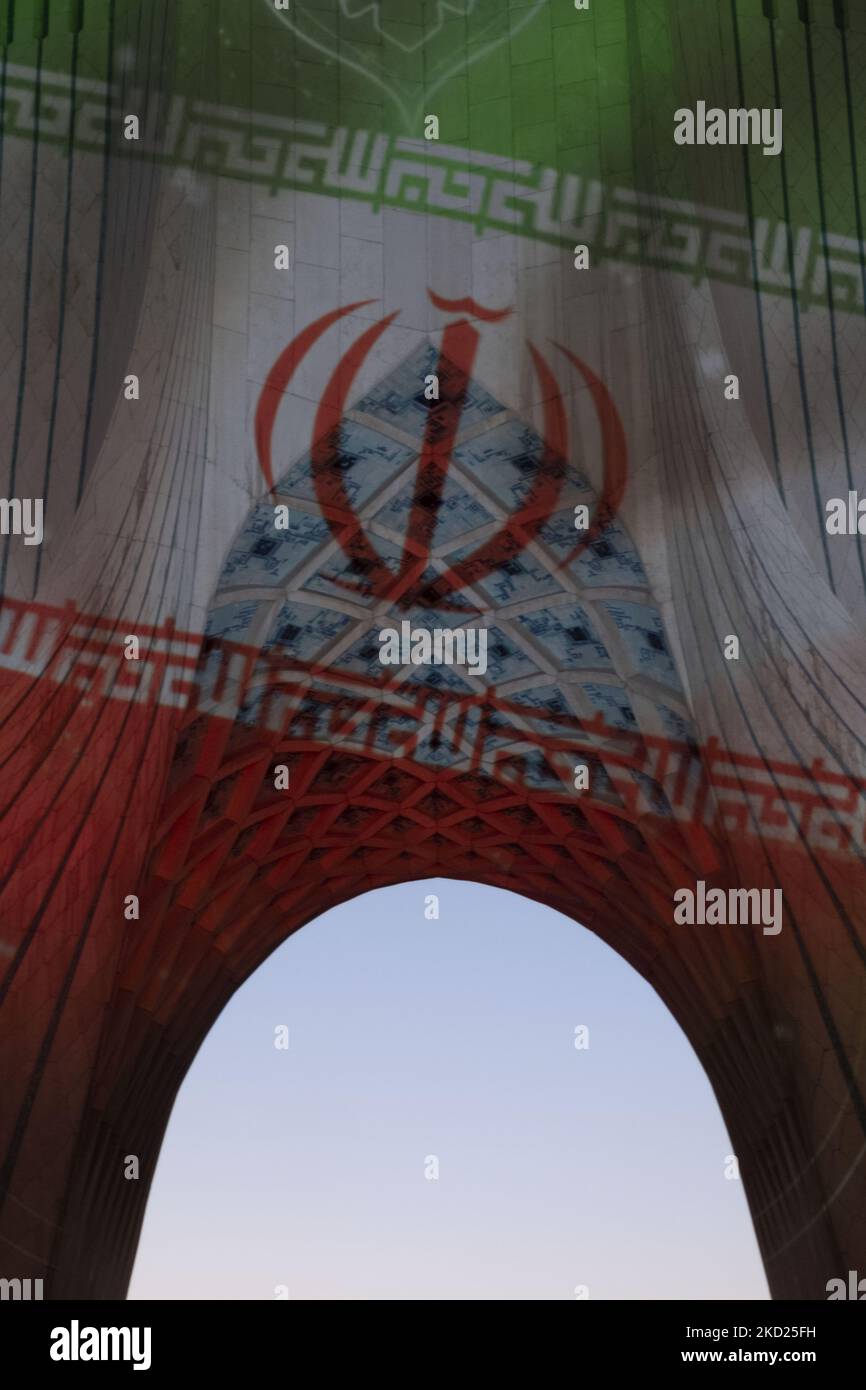 An Iran flag is pictured on the Azadi (Freedom) Monument in western ...