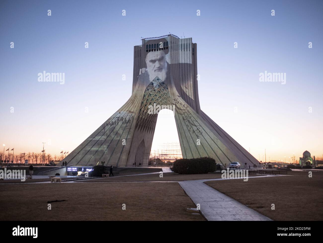 A portrait of Iran’s Late Leader Ayatollah Ruhollah Khomeini is ...
