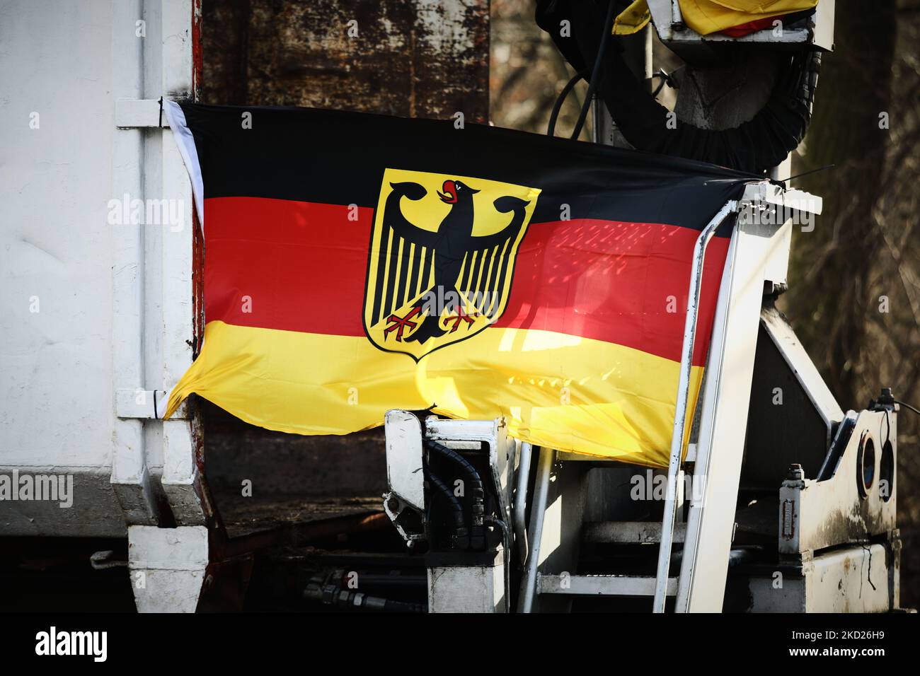 A German flag is seen on a truck in Berlin, Germany on 07 February ...