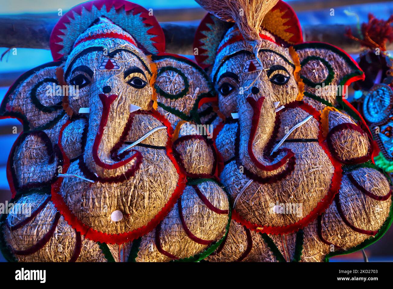Small handicrafts of Lord Ganesh made from coconut fiber displayed at ...