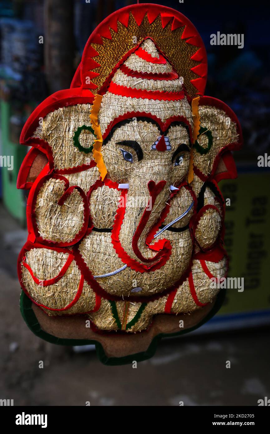 Small handicrafts of Lord Ganesh made from coconut fiber displayed at ...