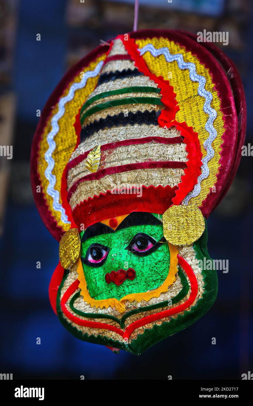 Small handicrafts with the faces of Kathakali dancers made from coconut ...