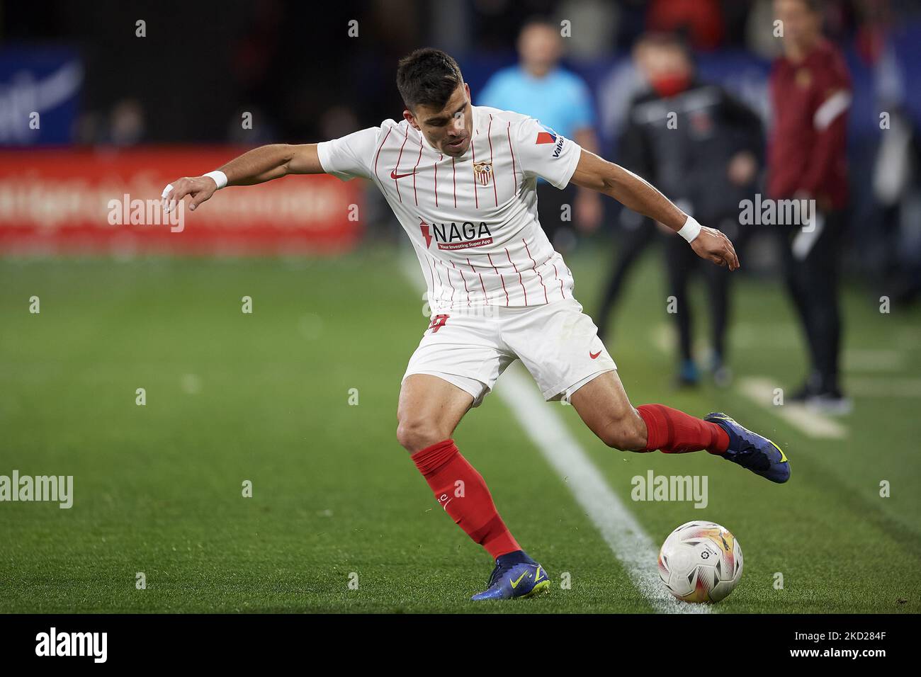 Marcos Acuña of Sevilla does passed during the La Liga Santander match ...