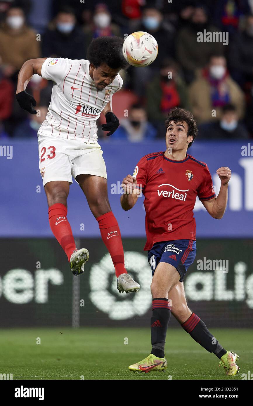 Jules Kounde of Sevilla shooting to goal during the La Liga Santander ...