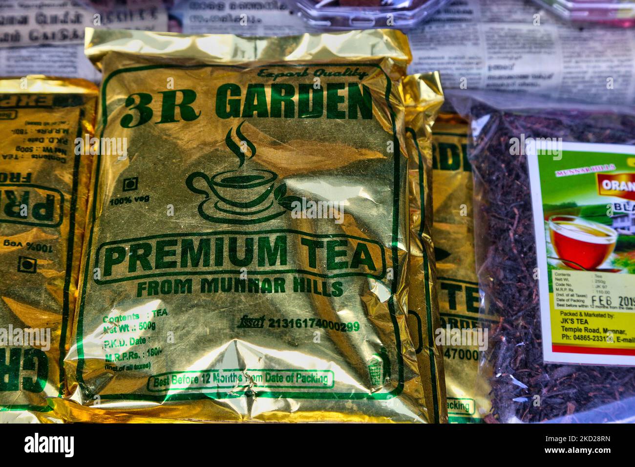 Packets of tea being sold in Munnar, Idukki, Kerala, India. Tea is one ...