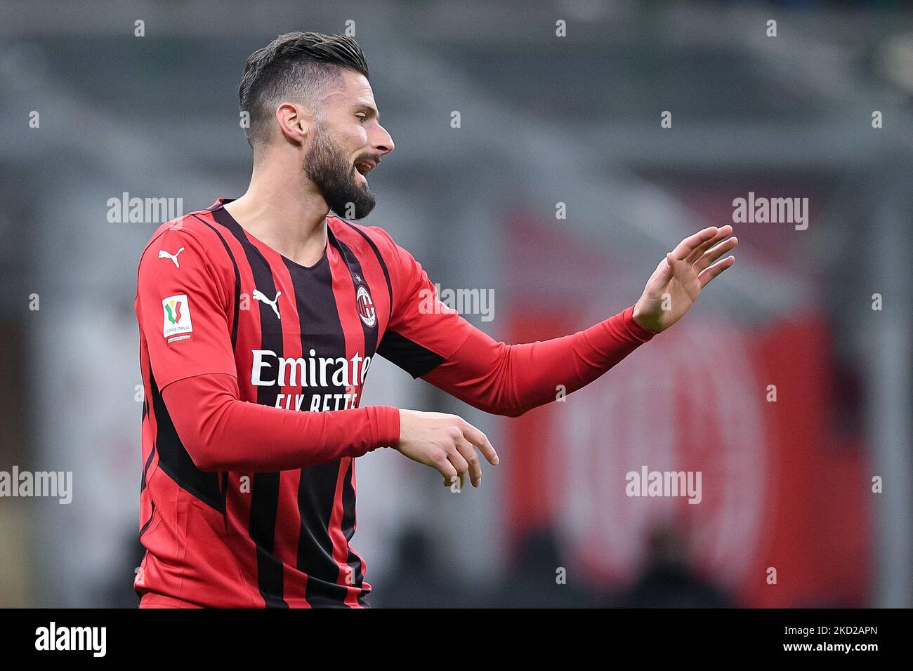 Olivier Giroud of AC Milan gestures during the Italian Cup match between AC Milan and SS Lazio ...