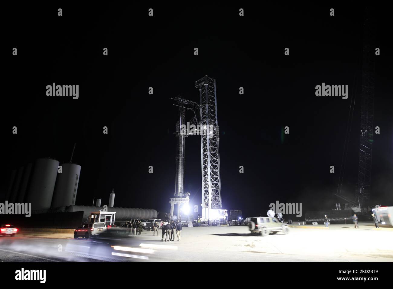 The fully stacked Starship and Super Heavy Booster is seen at SpaceX's ...