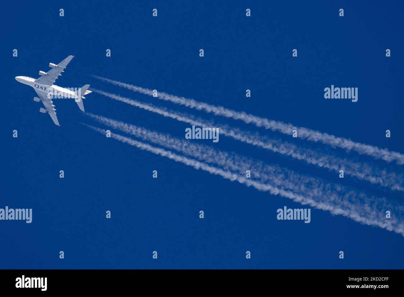 Qatar Airways Airbus A380 double decker aircraft overfly at 40.000 feet ...