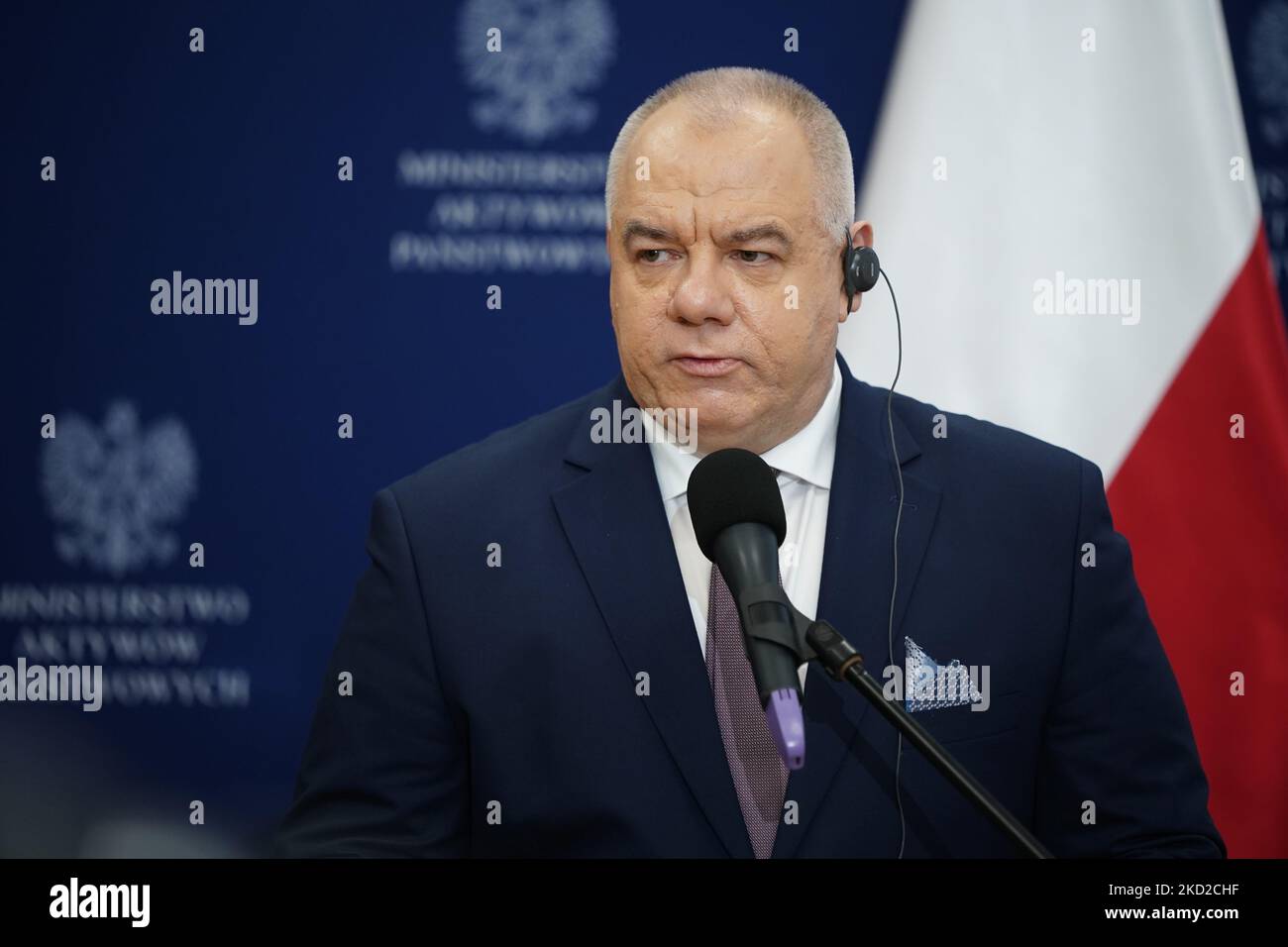 Polish Deputy Prime Minister Jacek Sasin during a press conference with ...